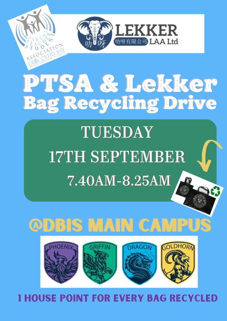 PTSA & Lekker Bag Recycle Drive: Tuesday 17th September, 7.40am to 8.25am – DBIS Hub